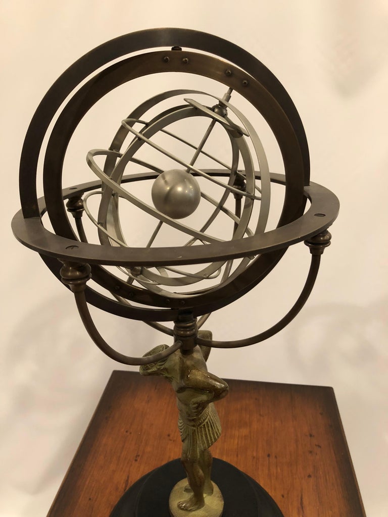 Impressive Metal Armillary Sculpture with Man and Globe on Shoulders For Sale at 1stDibs
