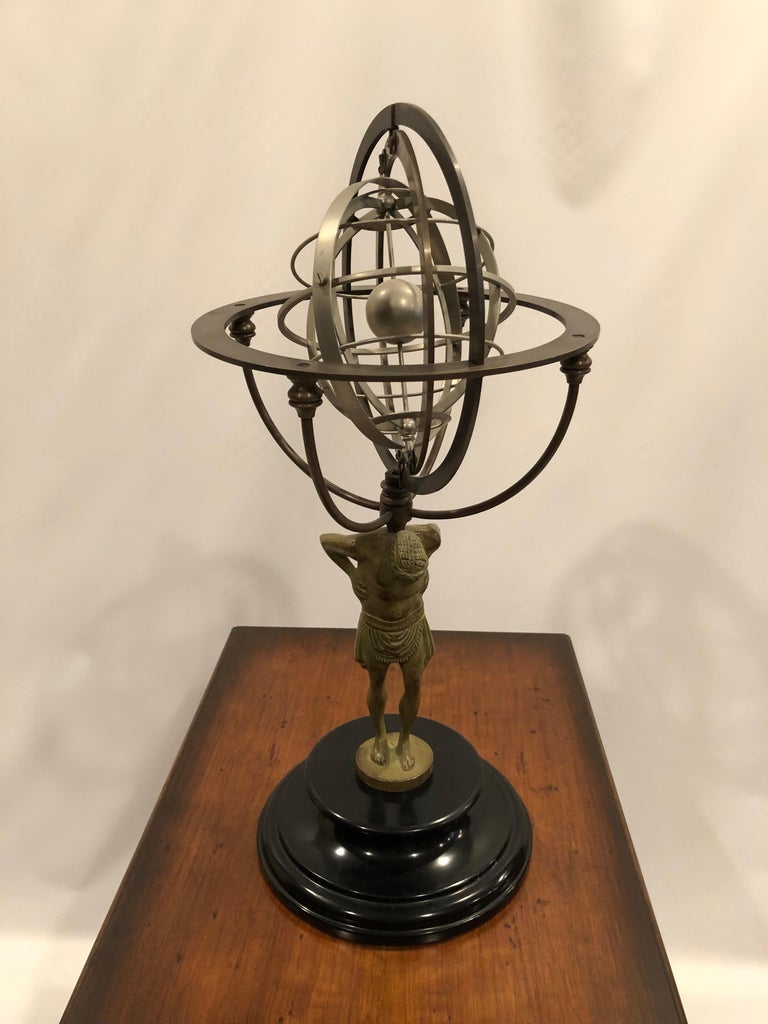 Impressive Metal Armillary Sculpture with Man and Globe on Shoulders For Sale at 1stDibs
