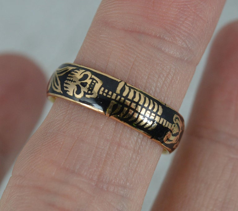 Impressive Momento Mori 22 Carat Gold and Enamel Skull Ring at 1stDibs
