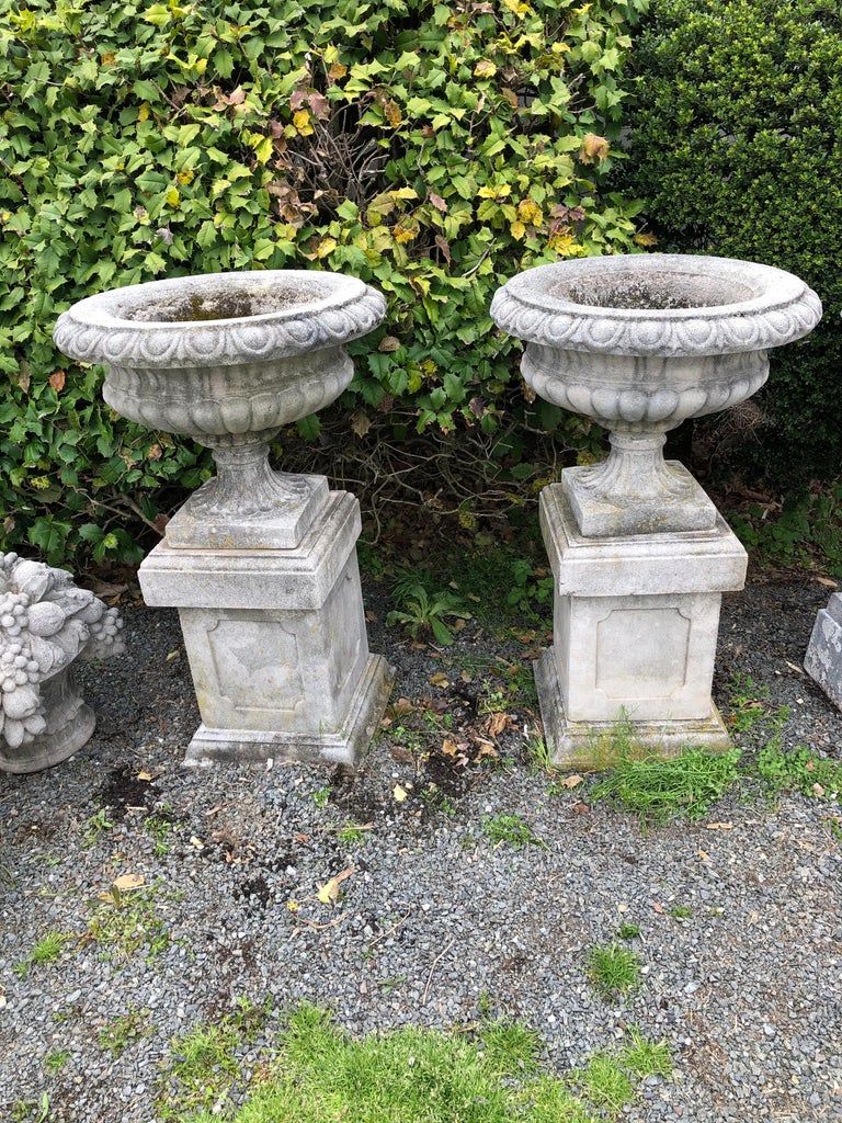 Impressive Pair of Large Cast Stone Garden Urns Planters on Plinths at ...