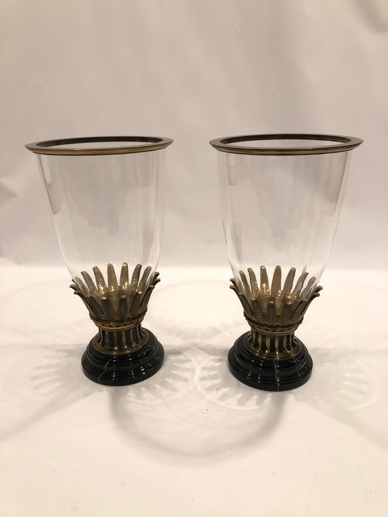 Impressive Pair of Large Glass Hurricanes on Marble and Bronze Bases ...