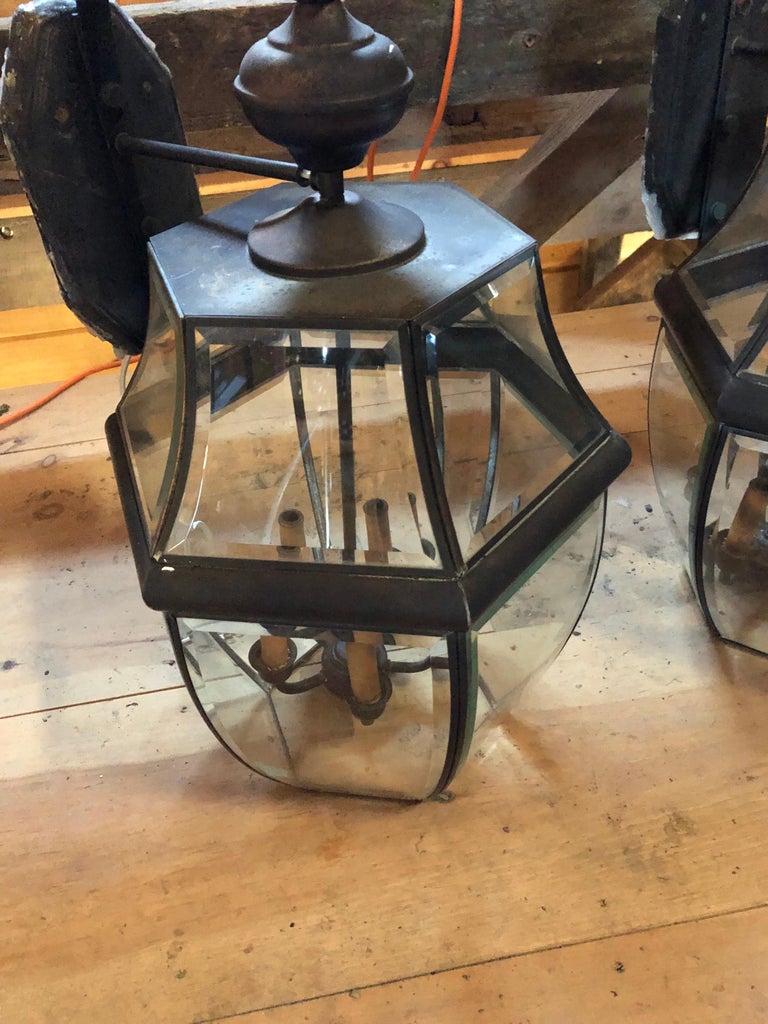 Impressive Pair of Large Metal and Beveled Glass Wall Mounted Lanterns ...