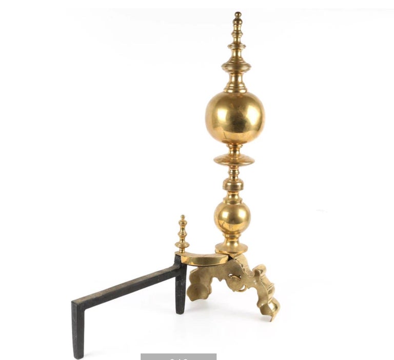 1800s Pr. Brass Steeple Finial Andirons- Lion Heads-Provenance For Sale ...