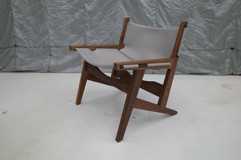 In Stock Peninsula Lounge Chair, Walnut Leather Sling Chair with Brass ...