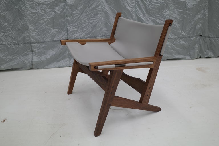 In Stock Peninsula Lounge Chair, Walnut Leather Sling Chair with Brass ...