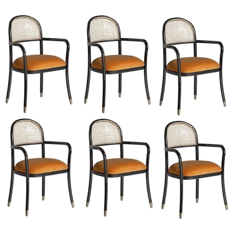 In-Stock Vintage Orange Velvet Rattan Dining Armchairs - Set of 8 For ...