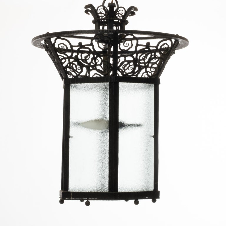 in the Manner of Edgar Brandt Hanging Lantern, Hand Wrought Ironwork ...