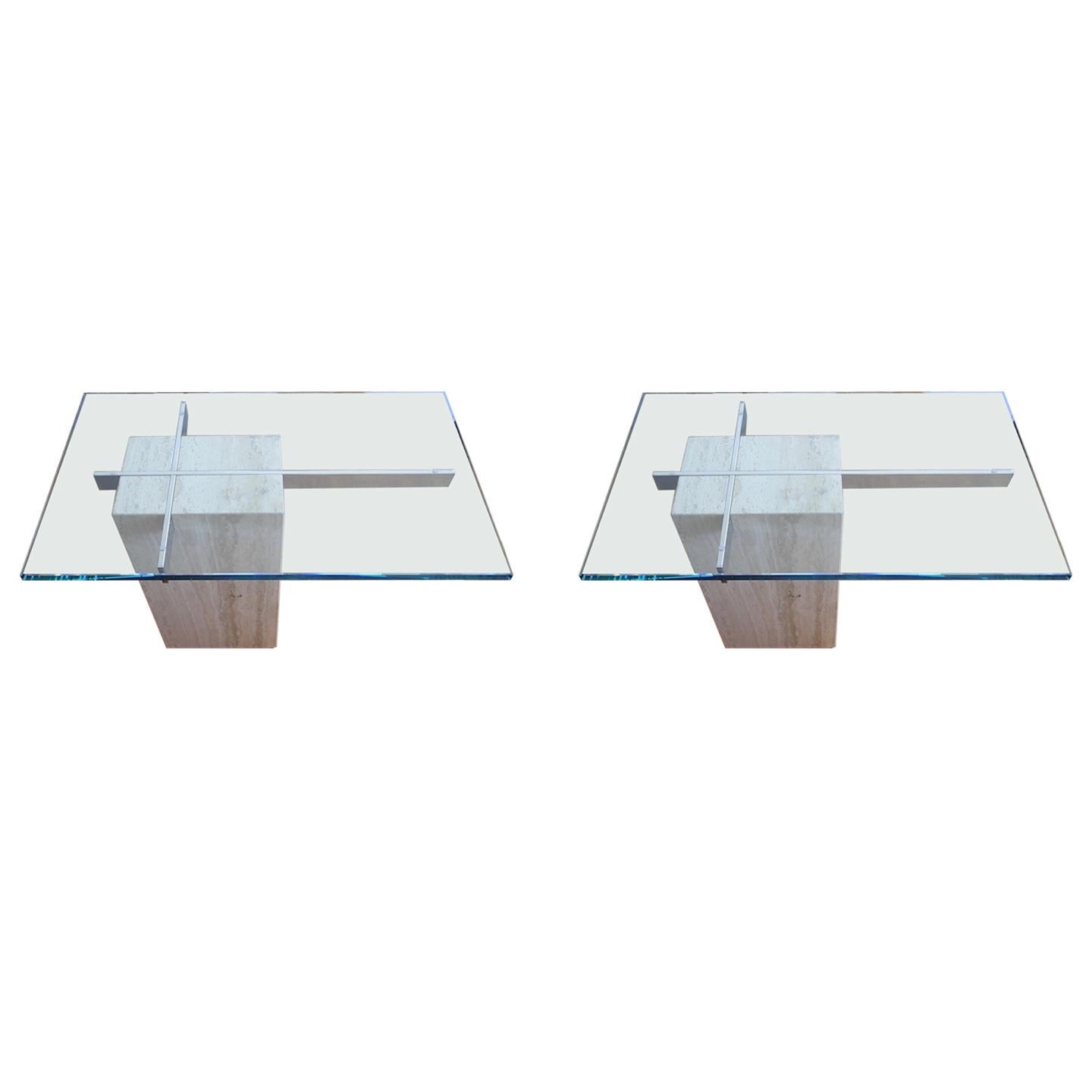 Pair of 1960s-1970s Travertine/Glass End Tables in the Style of Le ...