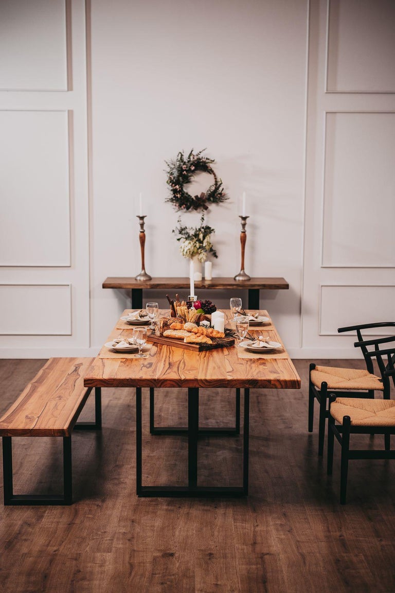 Solid Teak Natural Dining Table on Black Metal Legs For Sale at 1stDibs