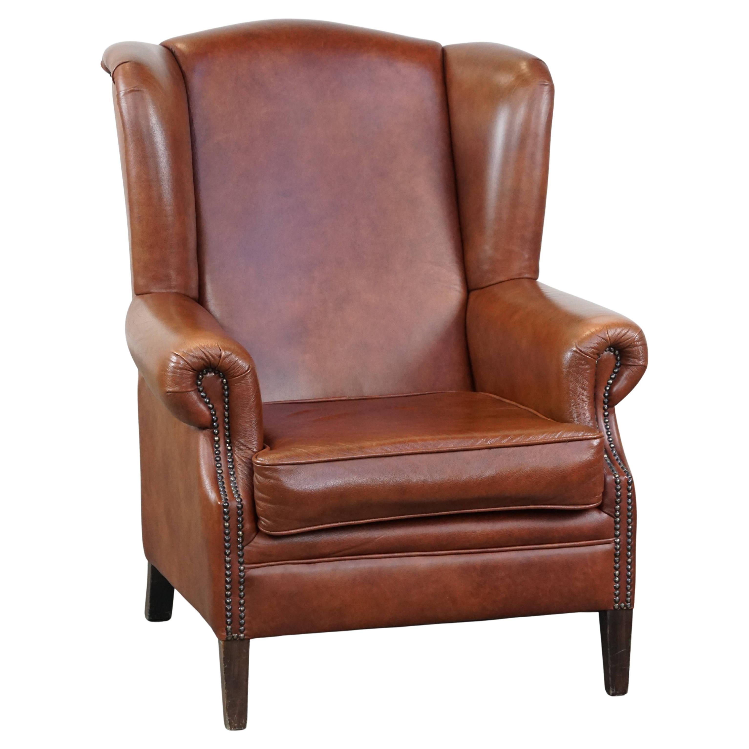 Vintage cowhide leather English Chesterfield wingback chair, light ...