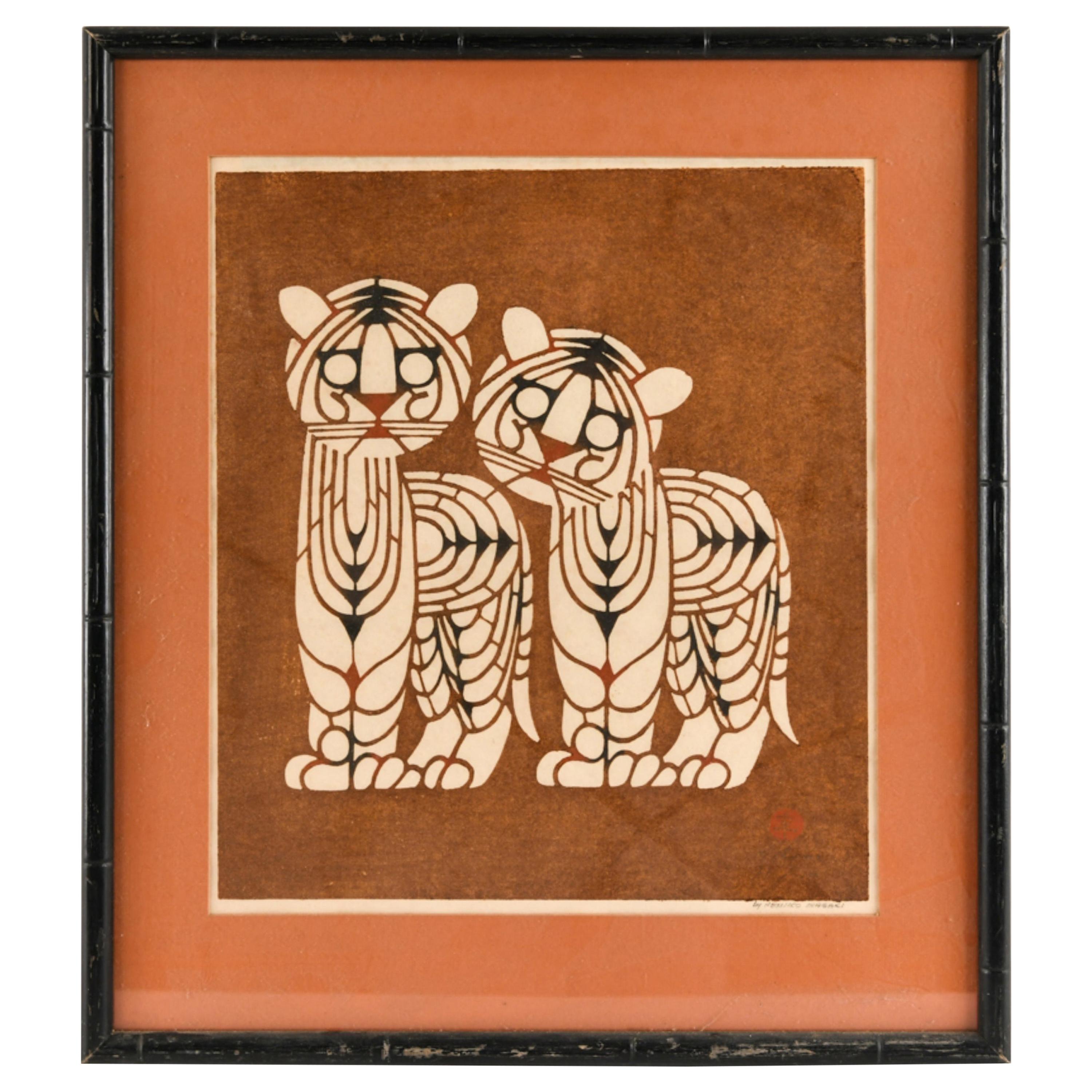 Inagaki Nenjiro, Original Color Woodblock Print of Two Tigers, 1960s at ...