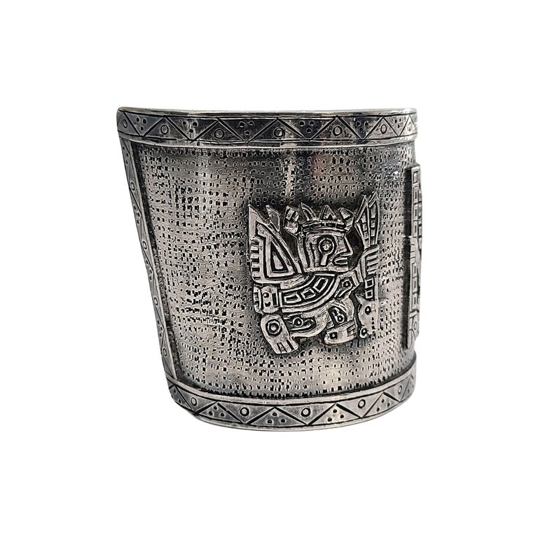 Inca Motif Sterling Silver Peru Cuff Bracelet For Sale at 1stDibs