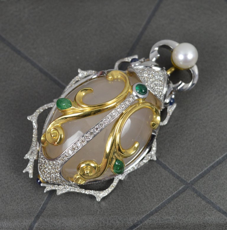 Incredible 18ct Gold Agate Sapphire Emerald Pearl Diamond Beetle Brooch ...