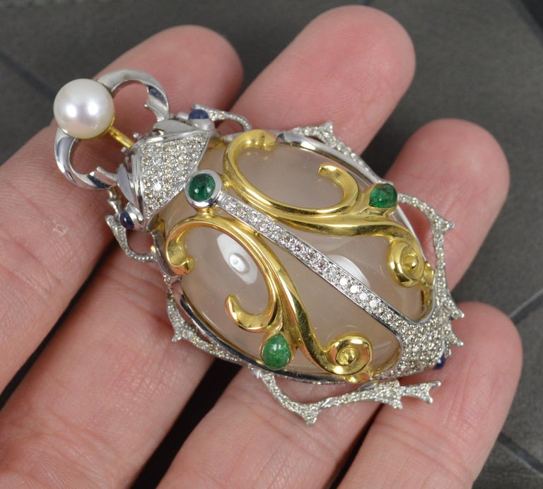 Incredible 18ct Gold Agate Sapphire Emerald Pearl Diamond Beetle Brooch ...