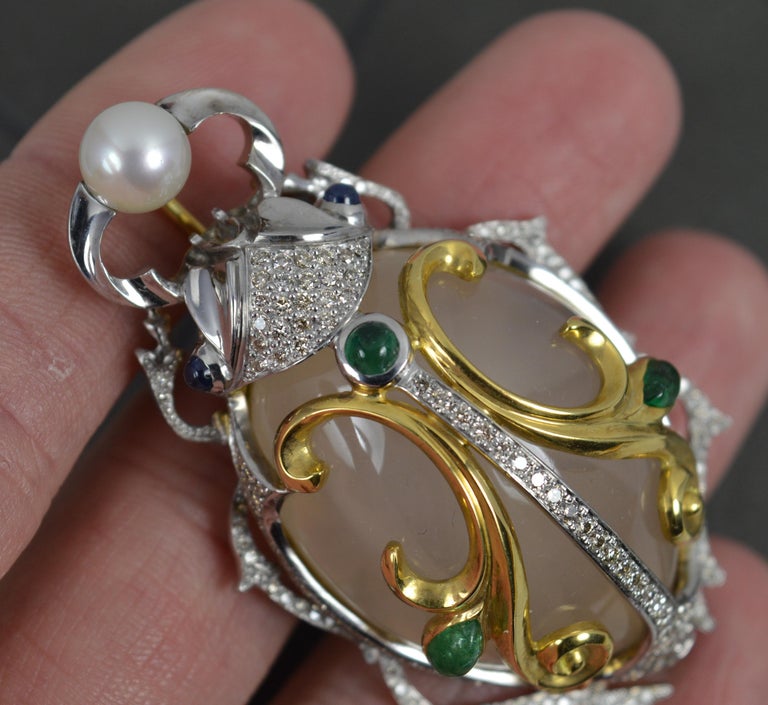 Incredible 18ct Gold Agate Sapphire Emerald Pearl Diamond Beetle Brooch ...