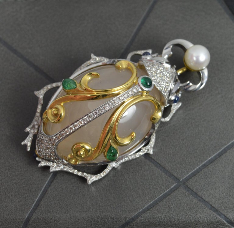 Incredible 18ct Gold Agate Sapphire Emerald Pearl Diamond Beetle Brooch ...