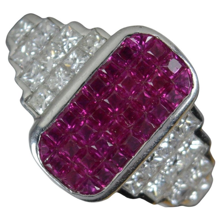 Incredible 18ct White Gold Ruby and Vs Diamond Cluster Panel Ring For ...