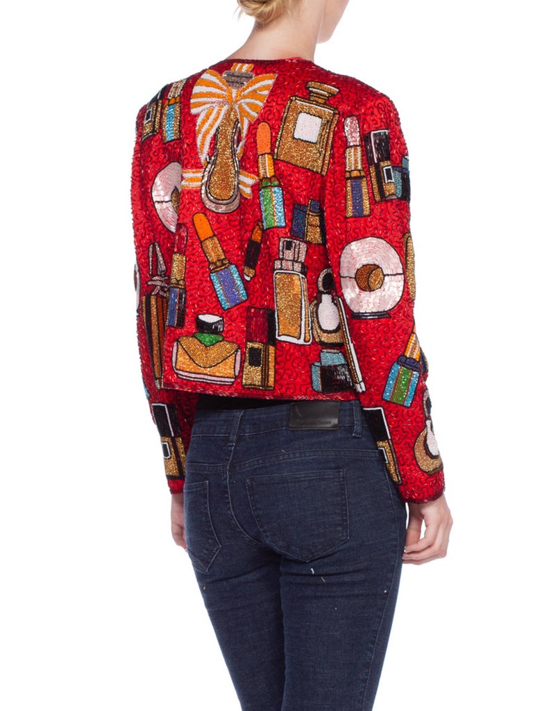 1980'S Red Silk Satin Jacket Beaded With Lipsticks And Perfume Bottles ...