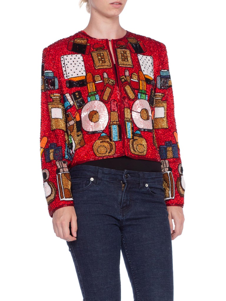 1980'S Red Silk Satin Jacket Beaded With Lipsticks And Perfume Bottles ...