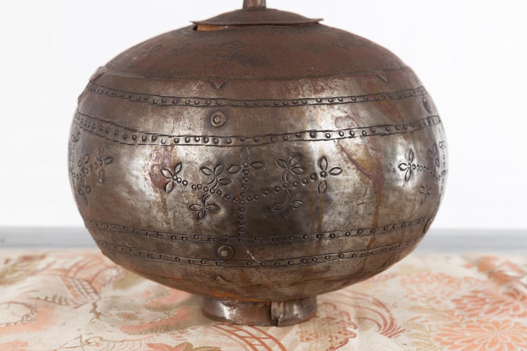 Indian 19th Century Brass Lidded Vessel with Engraved Floral Motifs and ...