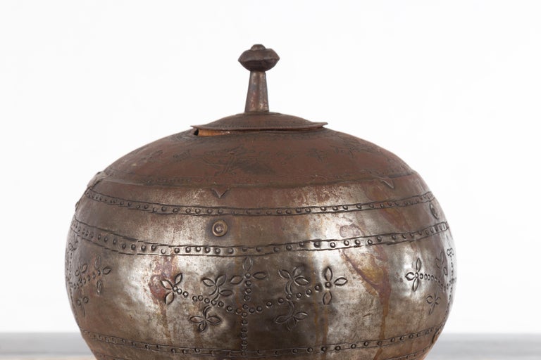 Indian 19th Century Brass Lidded Vessel with Engraved Floral Motifs and ...