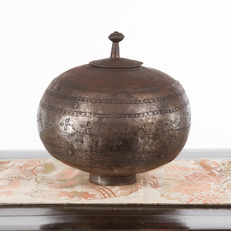 Indian 19th Century Brass Lidded Vessel with Engraved Floral Motifs and ...