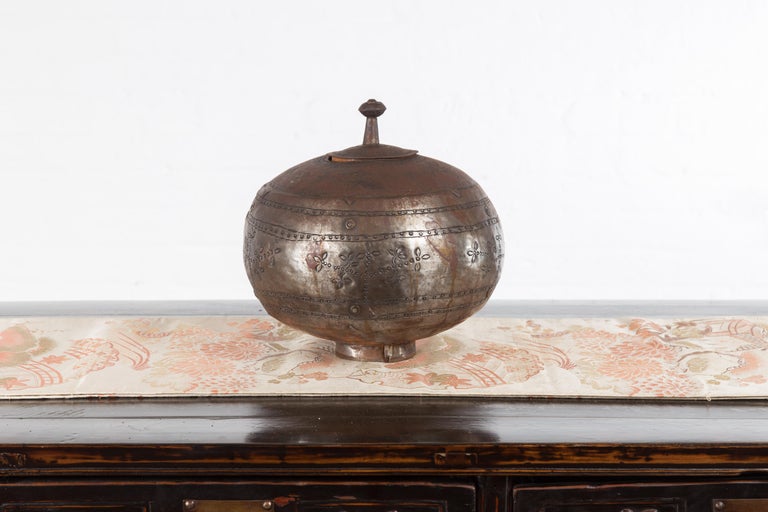 Indian 19th Century Brass Lidded Vessel with Engraved Floral Motifs and ...