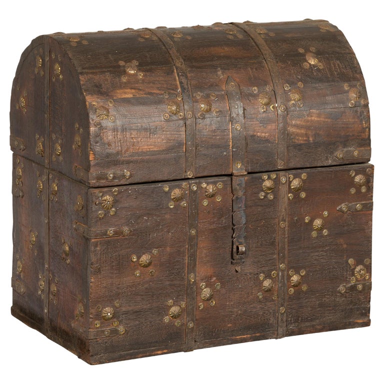 Indian 19th Century Wooden Treasure Chest with Dome Top and Gilt Metal ...