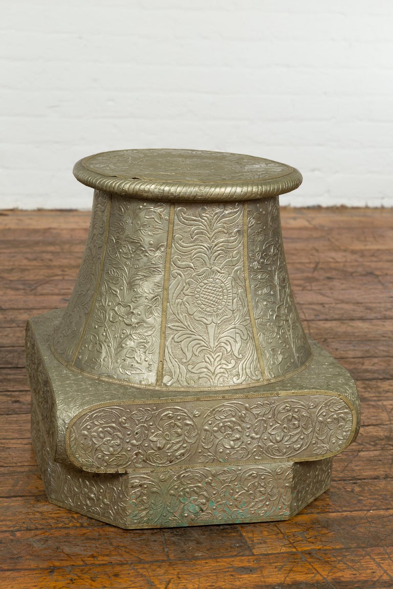 Indian Antique Brass over Wood Capital Stand with Repoussé Floral ...