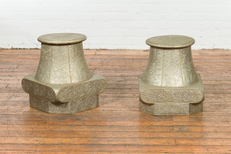 Indian Antique Brass over Wood Capital Stand with Repoussé Floral ...