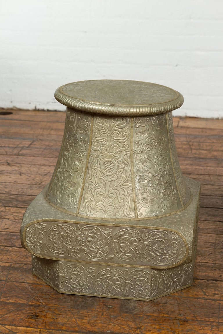 Indian Antique Brass over Wood Capital Stand with Repoussé Floral ...