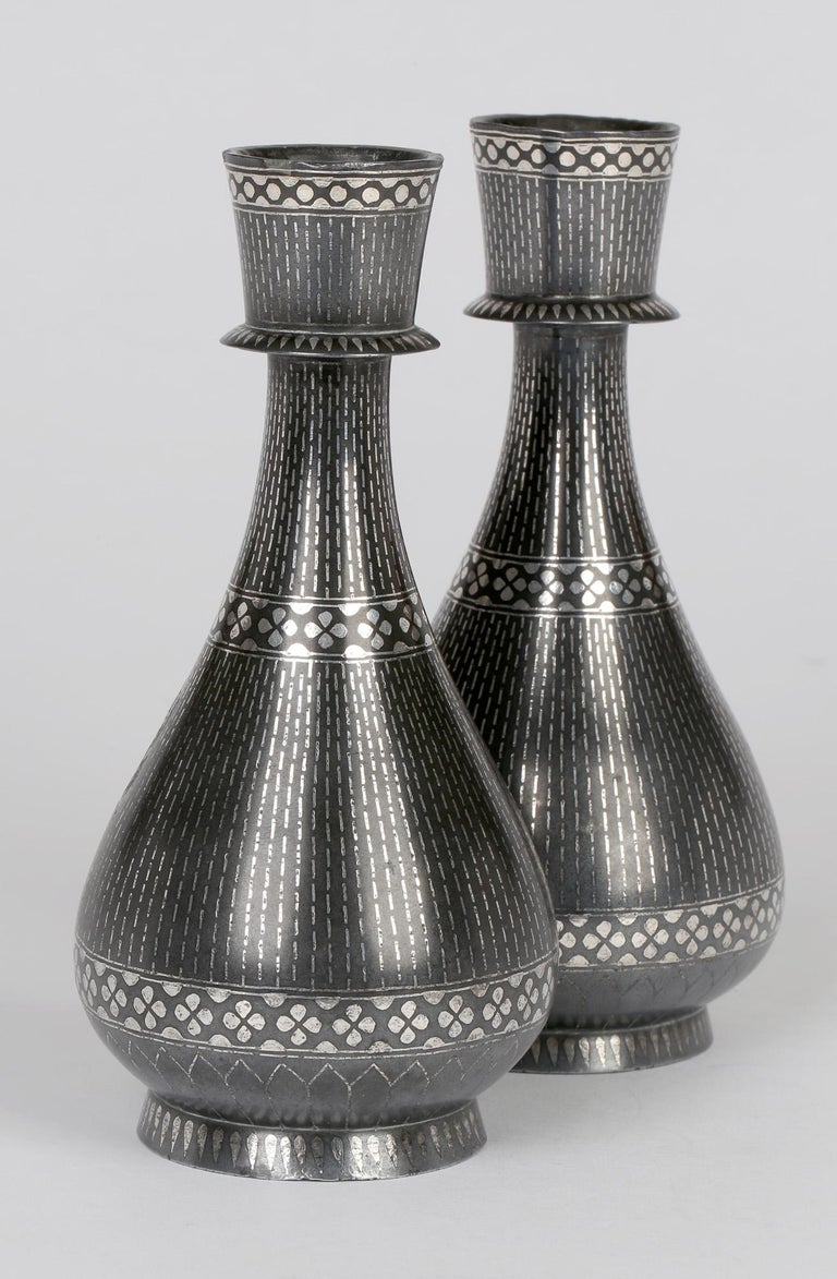 Indian Antique Pair Bidri Ware Silver Overlay Metal Vases For Sale at ...