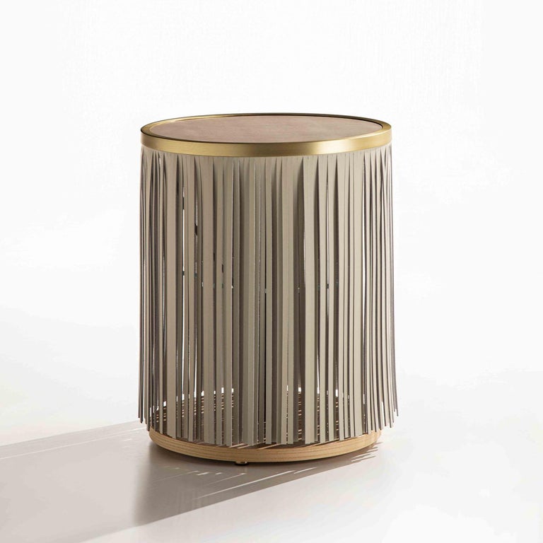Indian Ash Side Table with Gray Leather Fringe For Sale at 1stDibs