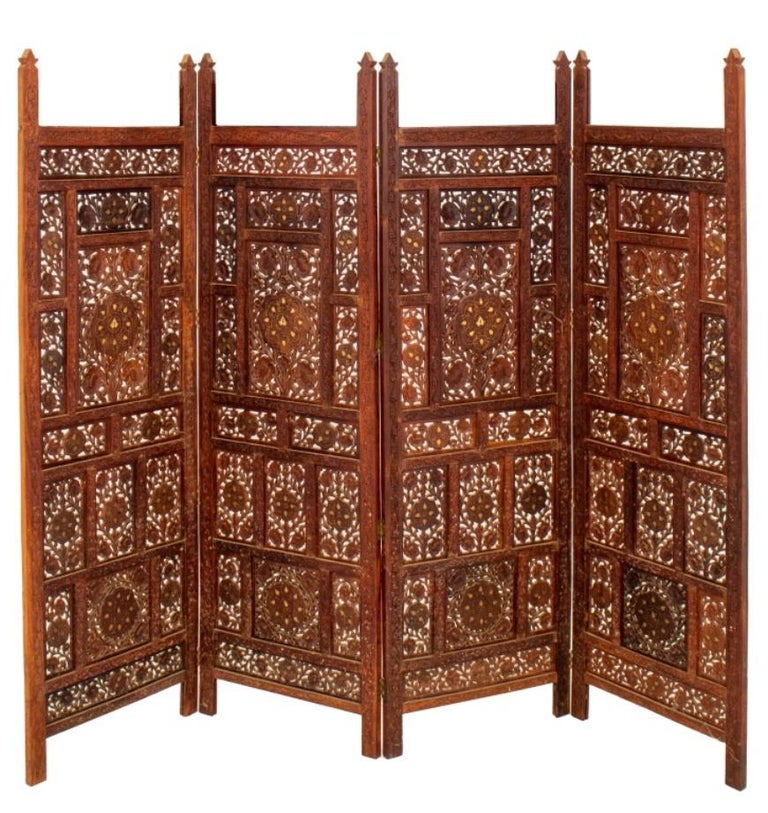 Indian Bone Inlaid Teakwood Four Panel Screen For Sale at 1stDibs