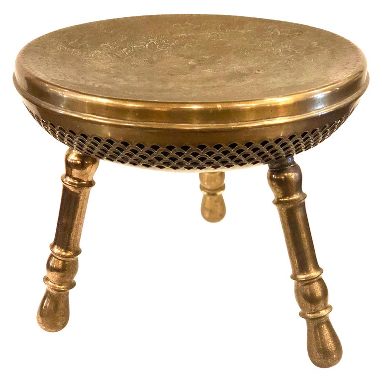 Indian Brass Three Legged Foot Warmer / Stool at 1stDibs