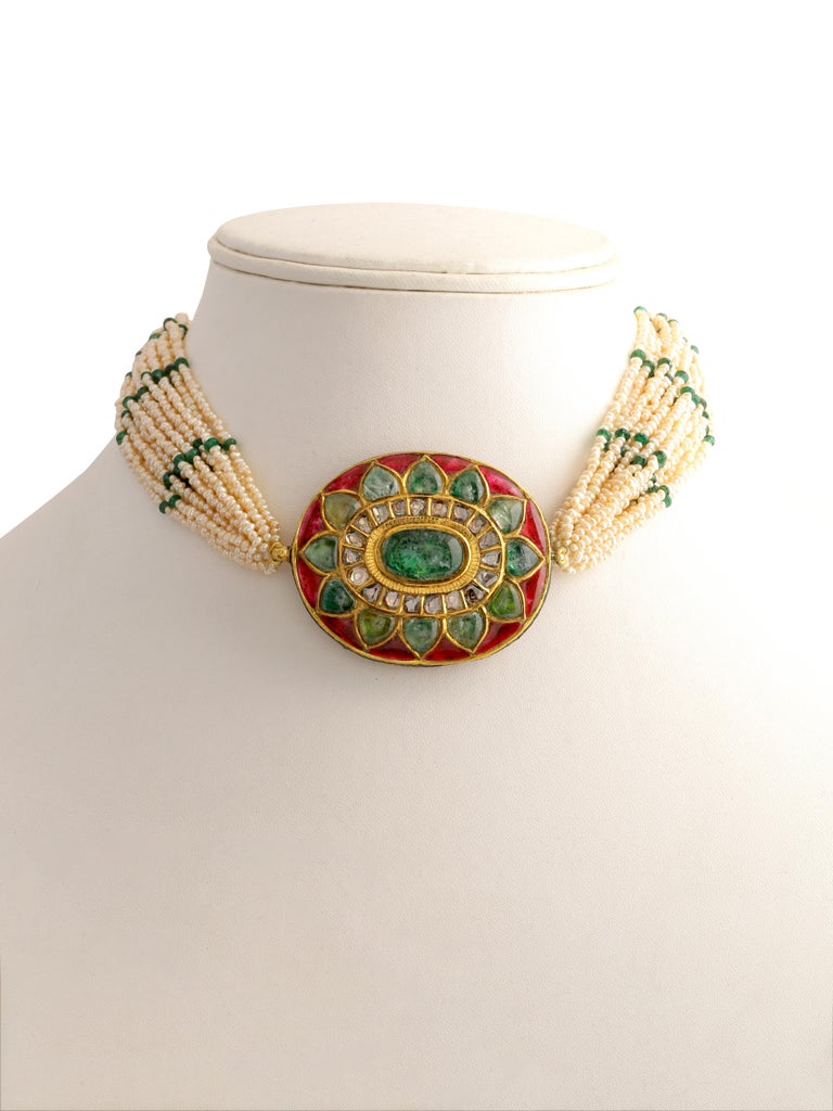 Indian Choker Necklace with Pearls and Emerald Beads Made in 18k Gold ...