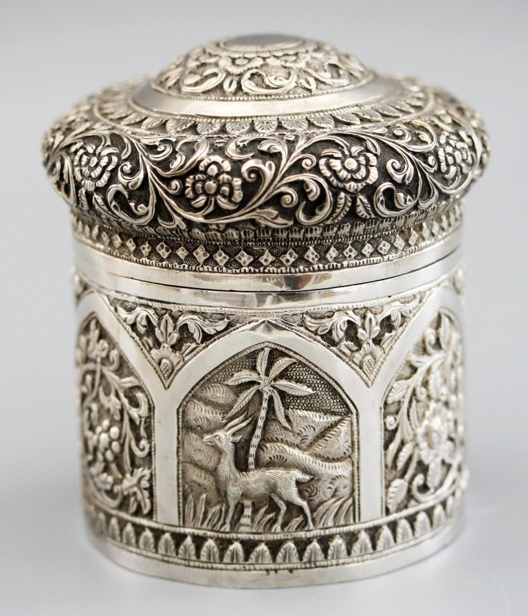 Indian Karachi Silver Lidded Tea Caddy with Animals by J Mankrai at 1stDibs