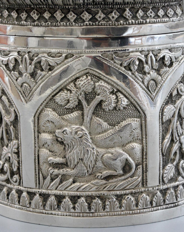 Indian Karachi Silver Lidded Tea Caddy with Animals by J Mankrai at 1stDibs