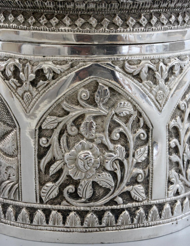 Indian Karachi Silver Lidded Tea Caddy with Animals by J Mankrai at 1stDibs