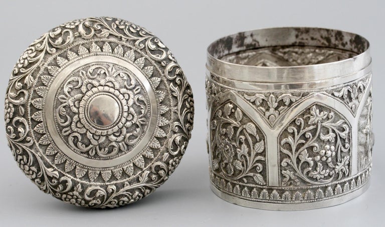 Indian Karachi Silver Lidded Tea Caddy with Animals by J Mankrai at 1stDibs