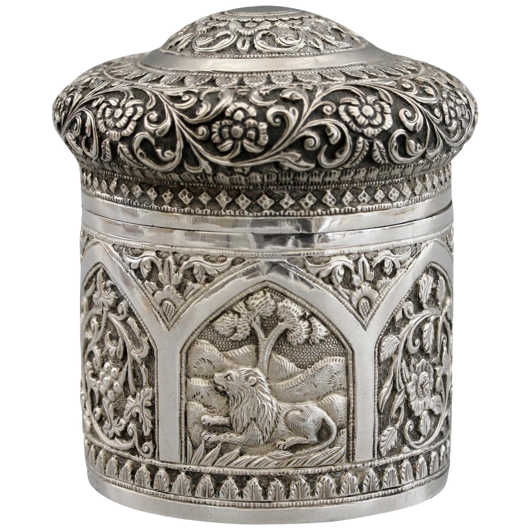 Indian Karachi Silver Lidded Tea Caddy with Animals by J Mankrai at 1stDibs