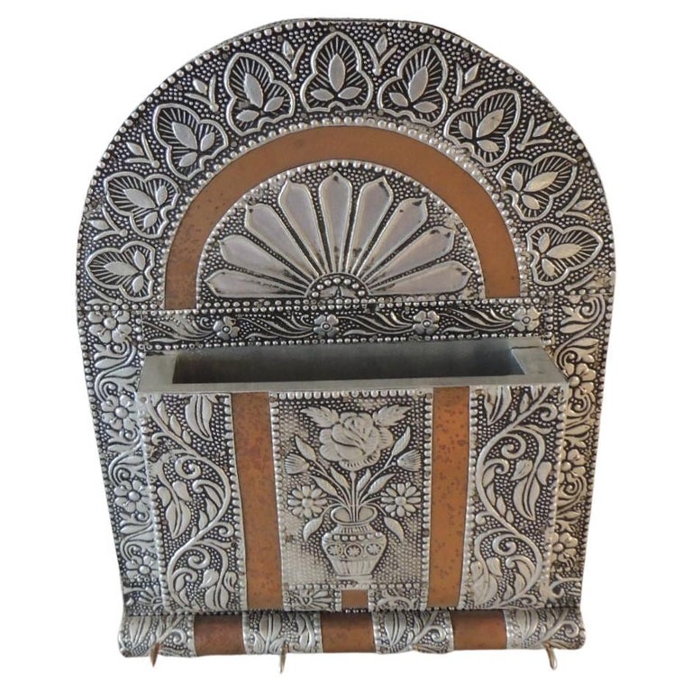 Indian Letters and Keys Tin and Wood Wall Caddy For Sale at 1stDibs