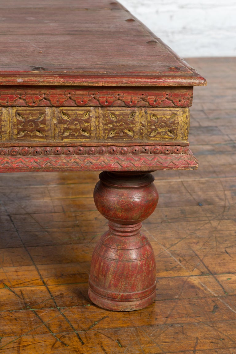 Indian Primitive Low Carved Wooden Coffee Table with Polychrome Accents For Sale at 1stDibs