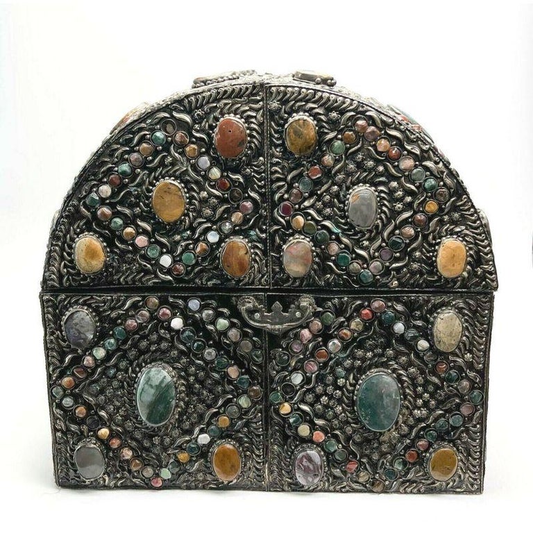 Indian Silver Mounted and Semi-Precious Stone Encrusted Large Wood ...