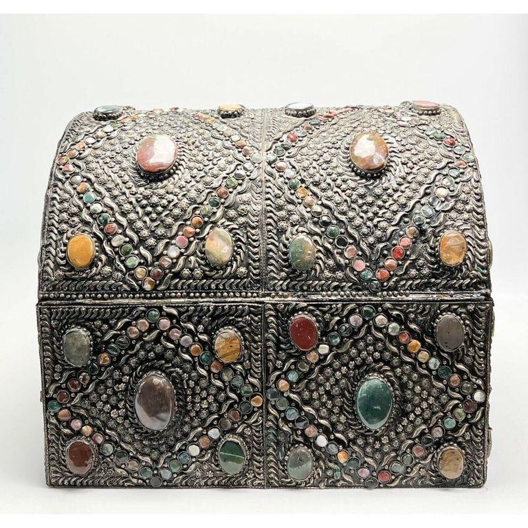 Indian Silver Mounted and Semi-Precious Stone Encrusted Large Wood ...