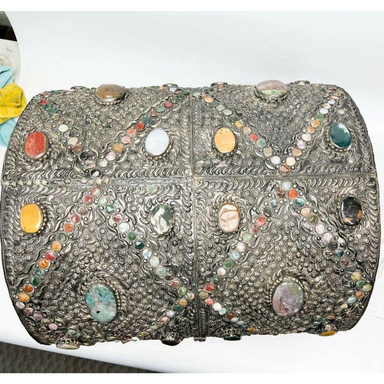 Indian Silver Mounted and Semi-Precious Stone Encrusted Large Wood ...
