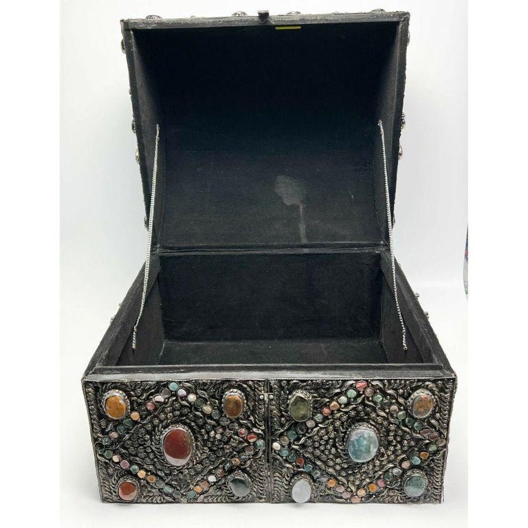 Indian Silver Mounted and Semi-Precious Stone Encrusted Large Wood ...