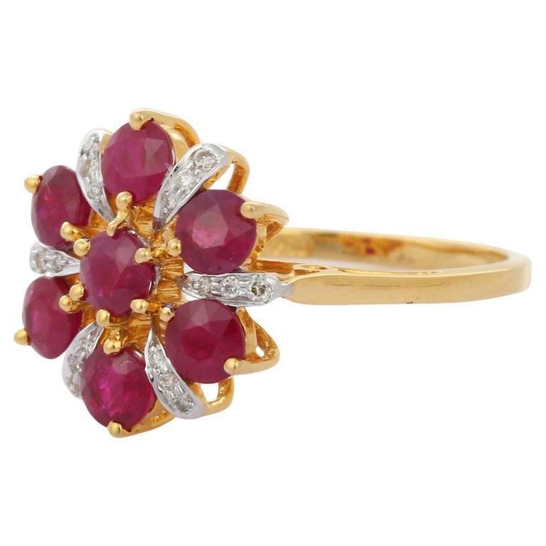 Customizable Indian Style Engraved Ruby Flower Diamond Engagement Ring ...