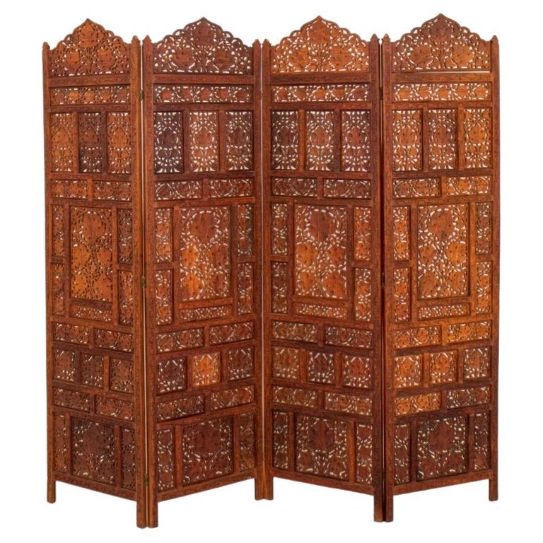 Indian Teakwood Reticulated Four Panel Screen For Sale at 1stDibs
