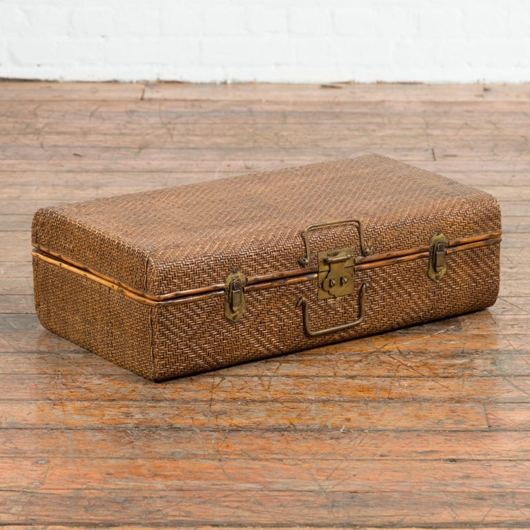 Indian Vintage Bamboo and Woven Rattan Suitcase with Brass Hardware For ...